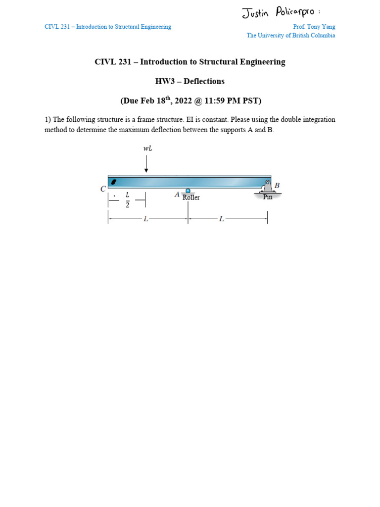 CIVL 231 - Introduction To Structural Engineering HW3 - Deflections ...