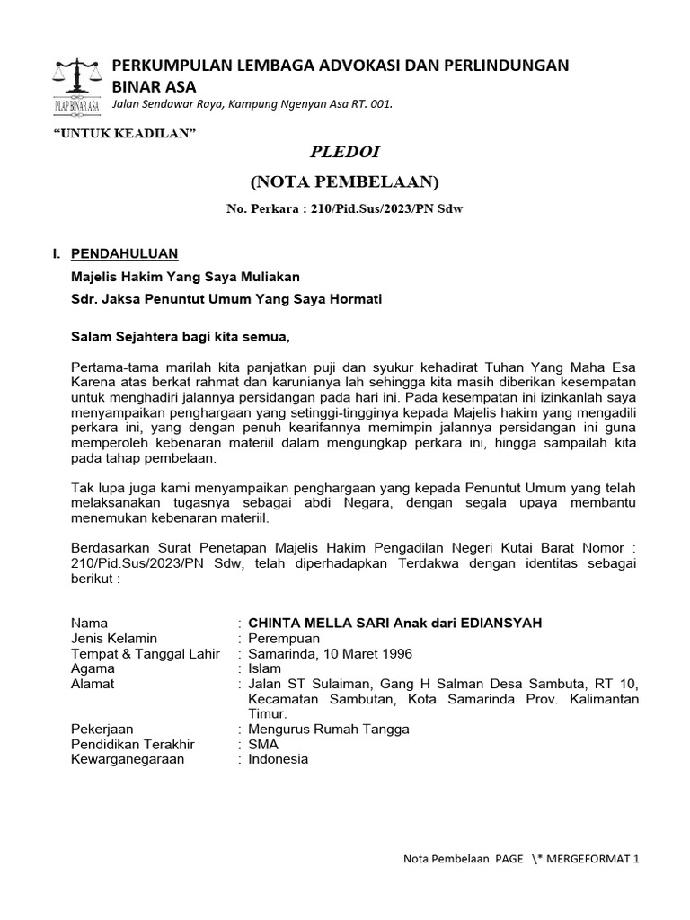 Pledoi Cinta Mella No. 210, Narkotika | PDF