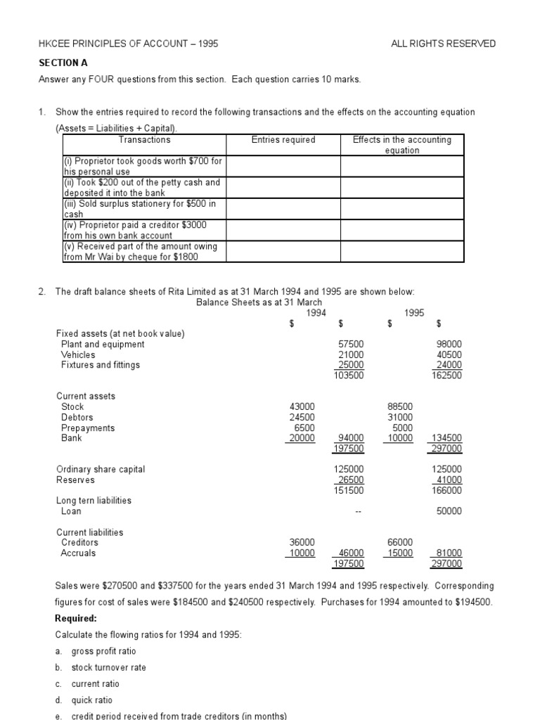 HKCEE 1995 Principles of Accounts Exam | PDF | Bad Debt | Debits And ...