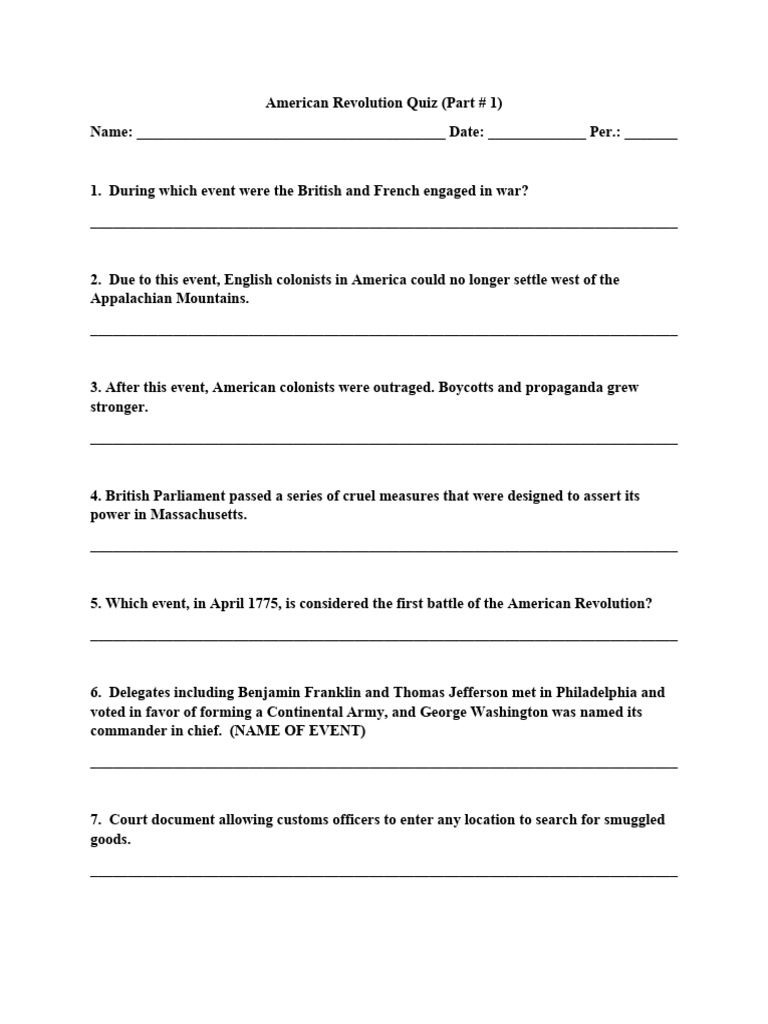 American Revolution Quiz # 1 | PDF