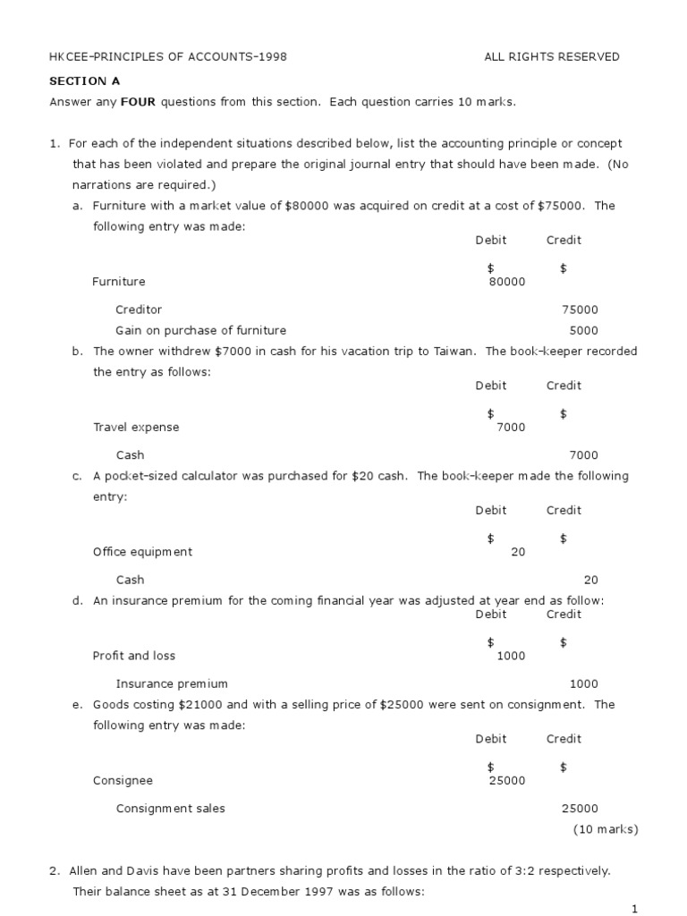 CE Principles of Accounts 1998 Paper | PDF | Debits And Credits ...