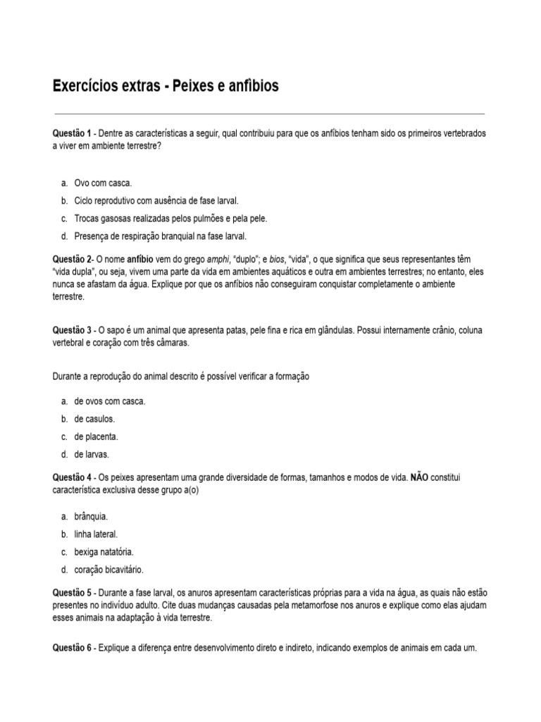 Exercícios Extras - Peixes e Anfìbios | PDF