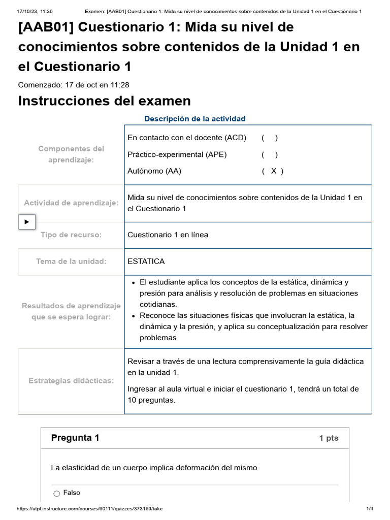 Examen - (AAB01) Cuestionario 1 - Mida Su Nivel de Conocimientos Sobre Contenidos de La Unidad 1 ...
