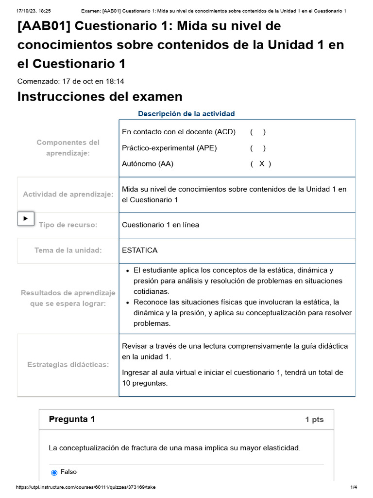 Examen - (AAB01) Cuestionario 1 - Mida Su Nivel de Conocimientos Sobre Contenidos de La Unidad 1 ...