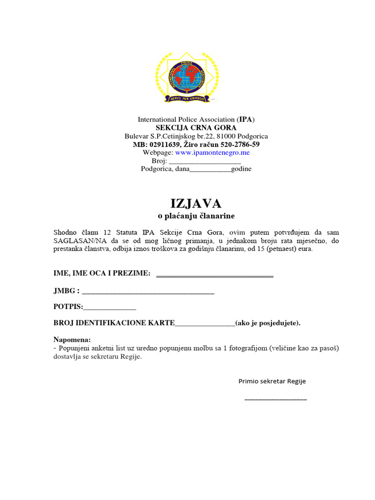 Izjava o Placanju Clanarine | PDF