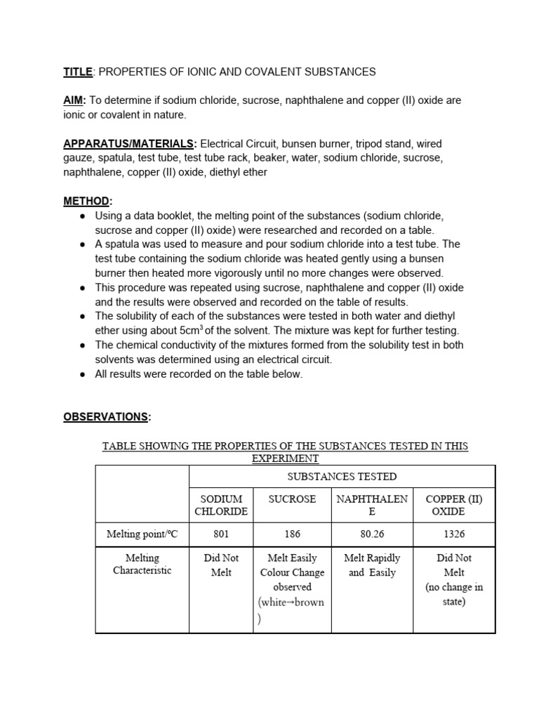 Properties of Ionic and Covalent Substances | PDF | Solubility | Solid