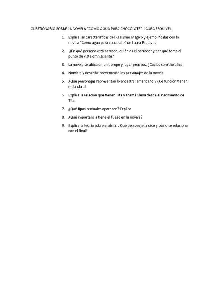 Cuestionario Sobre La Novela Como Agua para Chocolate | PDF