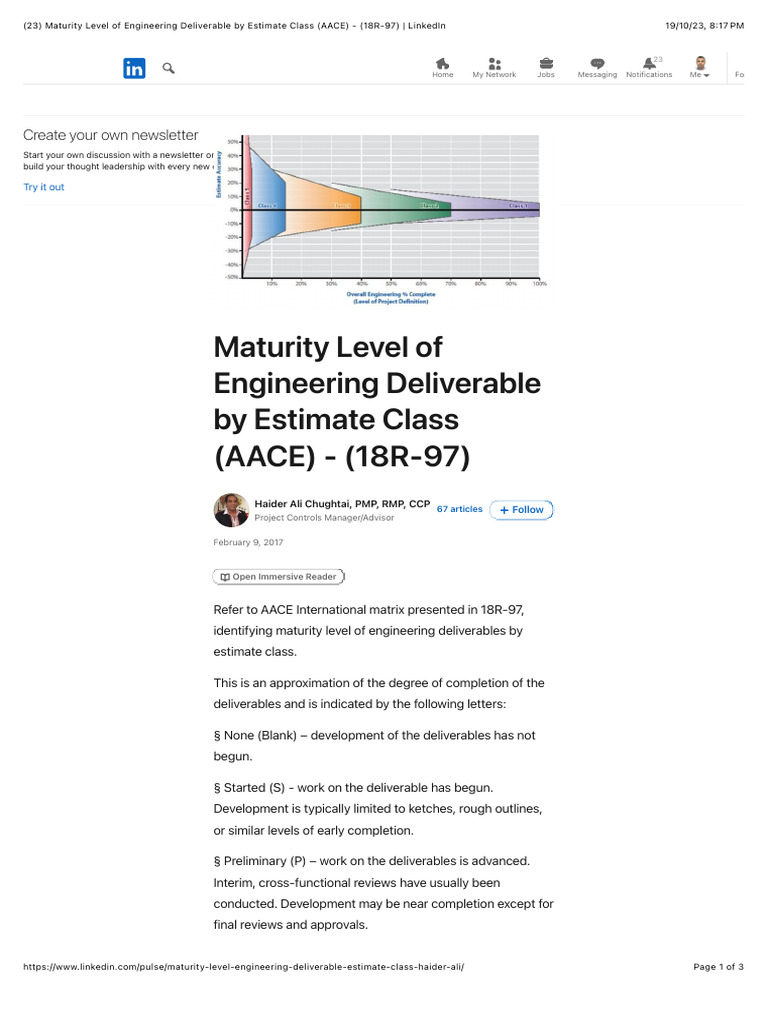 Maturity Level of Engineering Deliverable by Estimate Class (AACE ...