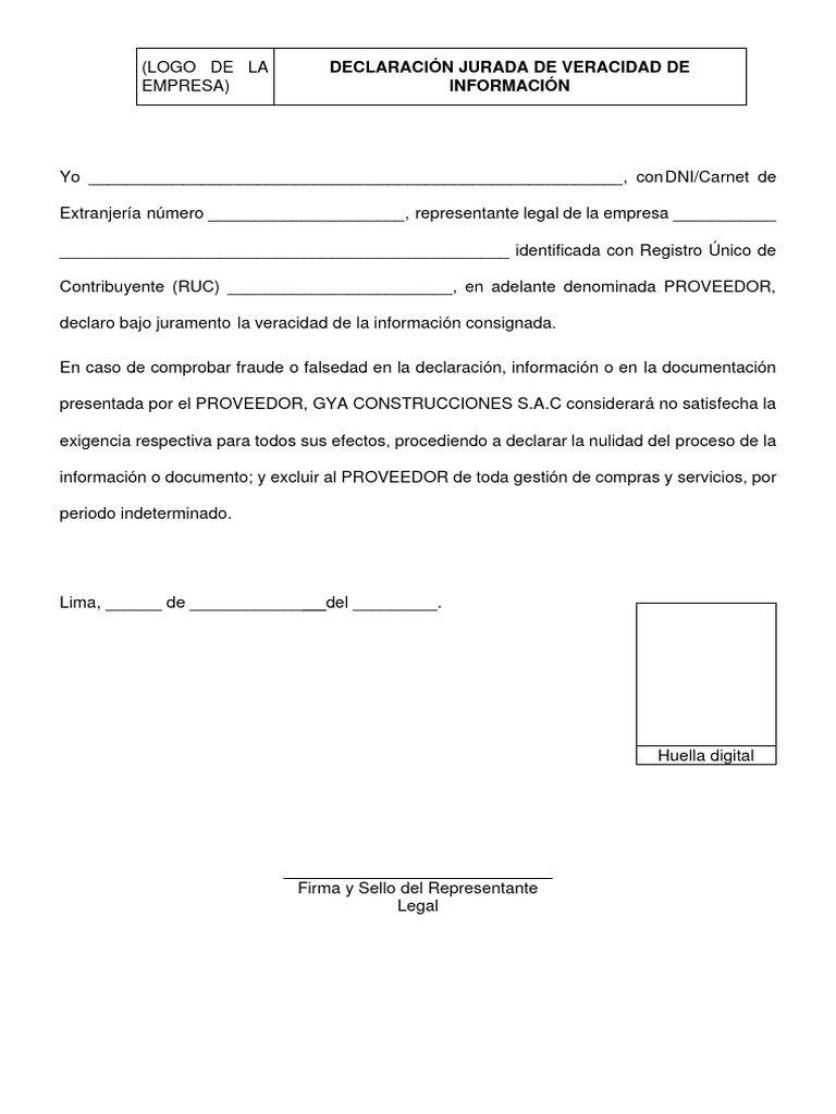 Declaración Jurada de Veracidad de La Información | PDF | Derecho