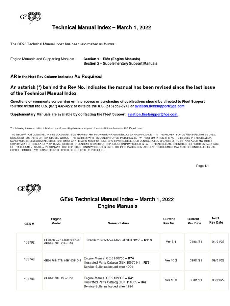 GE90 Engine Manual Index 2022 | PDF