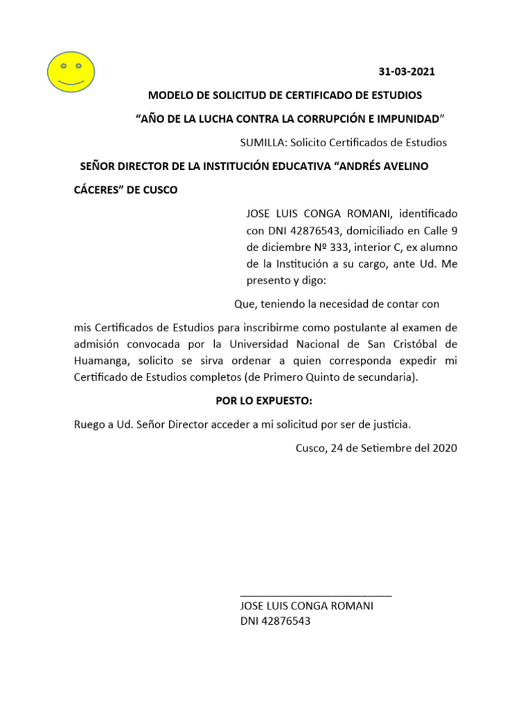 Modelo de Solicitud de Certificado de Estudios | PDF