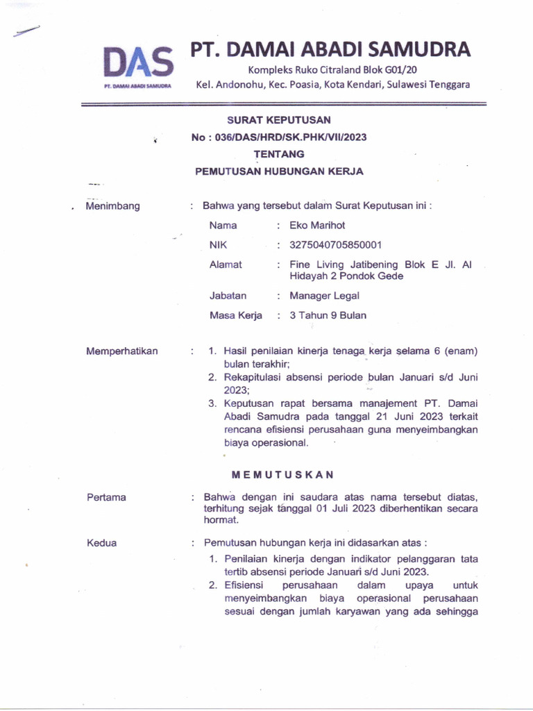 Surat Keputusan Pemutusan Hubungan Kerja Eko Marihot | PDF