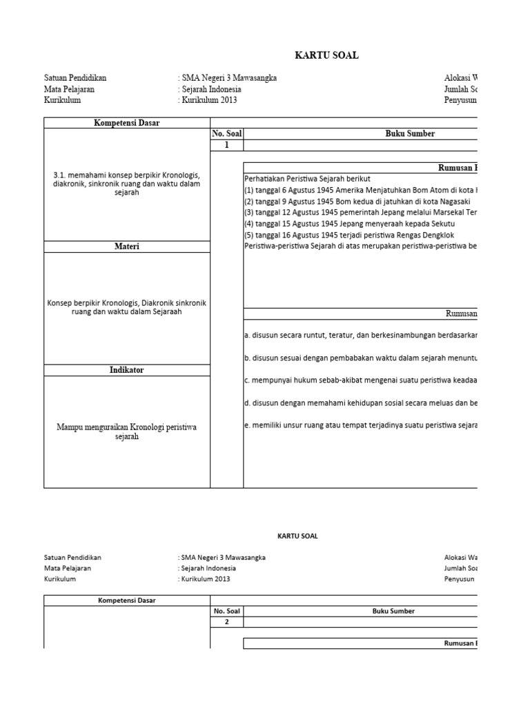Kisi-Kisi Dan Kartu Soal Sejarah Indonesia | PDF