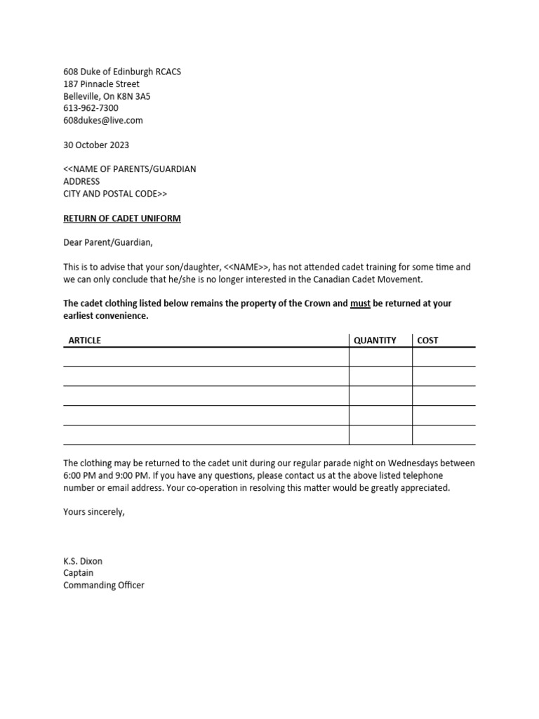 Return of Cadet Uniform Letter | PDF