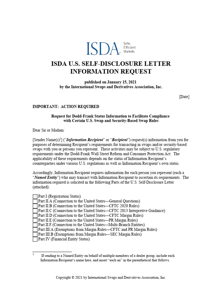 ISDA U.S. Self Disclosure Letter 011521 | PDF | Commodity Futures ...