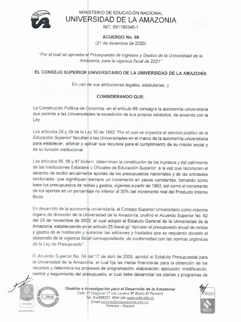 Acuerdo 059 - Por El Cual Se Aprueba El Presupuesto de Ingresos y Gastos de La UDLA 2021 | PDF