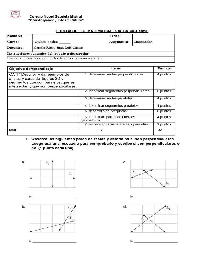 Prueba Matematicas Quinto Octubre | PDF | Perpendicular | Geometría
