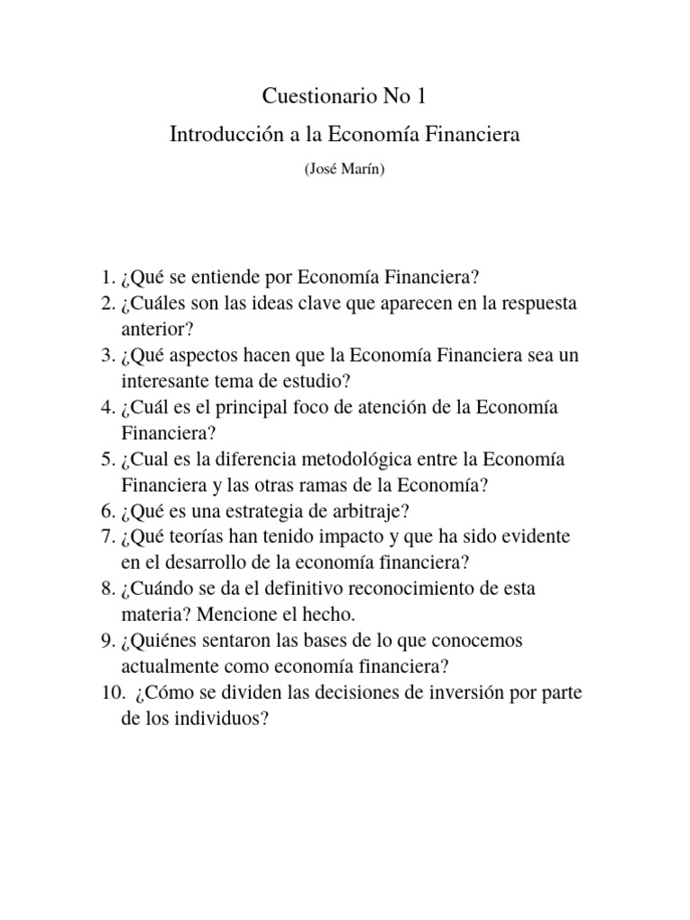 Cuestionario No 1 Introducción A La Economia Financiera CE-118 Lic. Aronne UNAH | PDF | Negocios ...