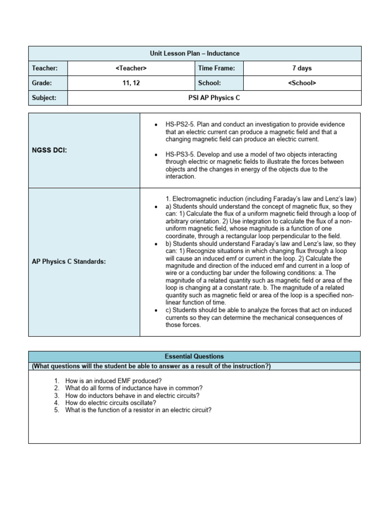AP Physc em Inductance Unit Plan 2016-12-06 | PDF | Teaching Methods ...