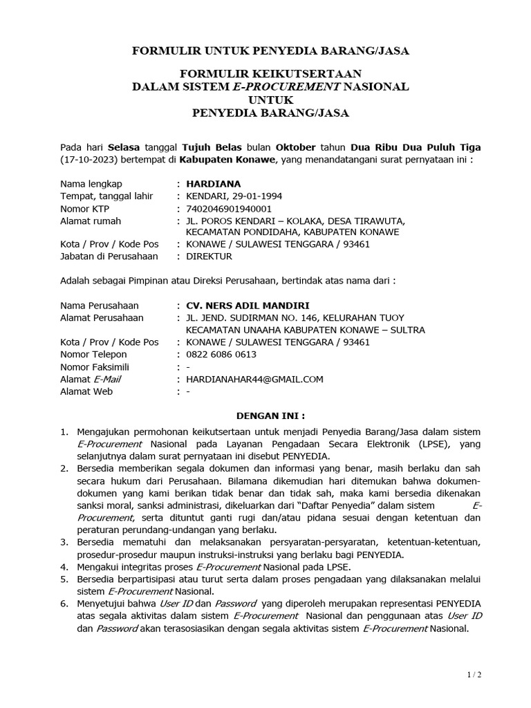 Formulir - Keikutsertaan E PROCUREMENT | PDF