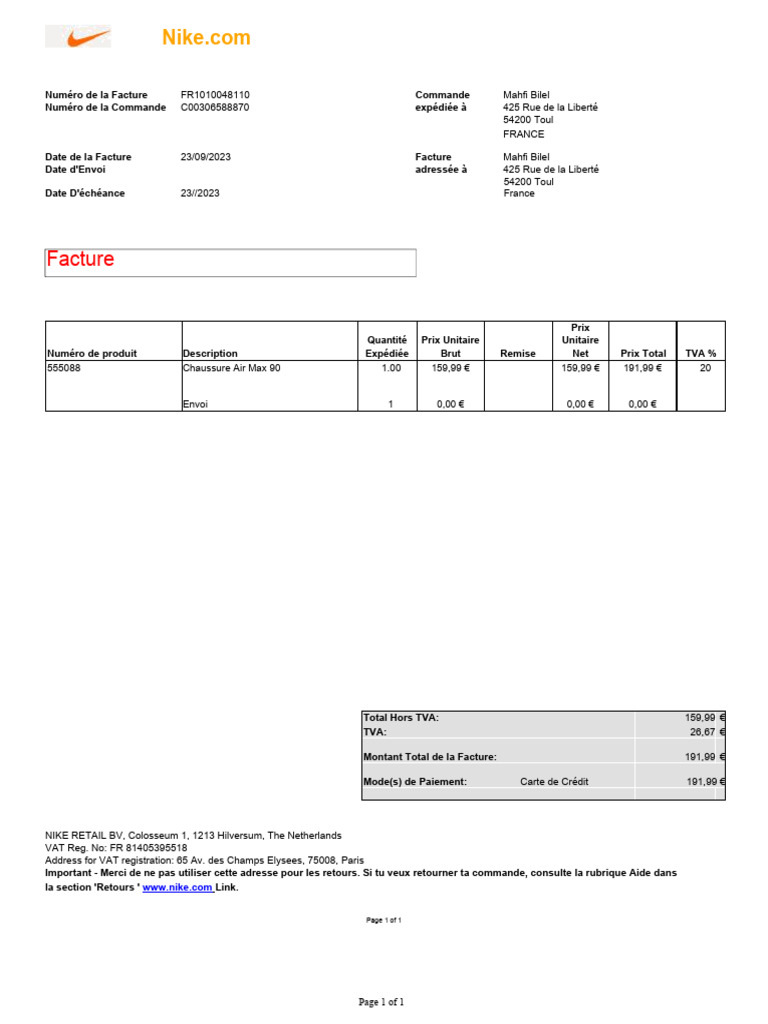 Facture Air Max 90 | PDF
