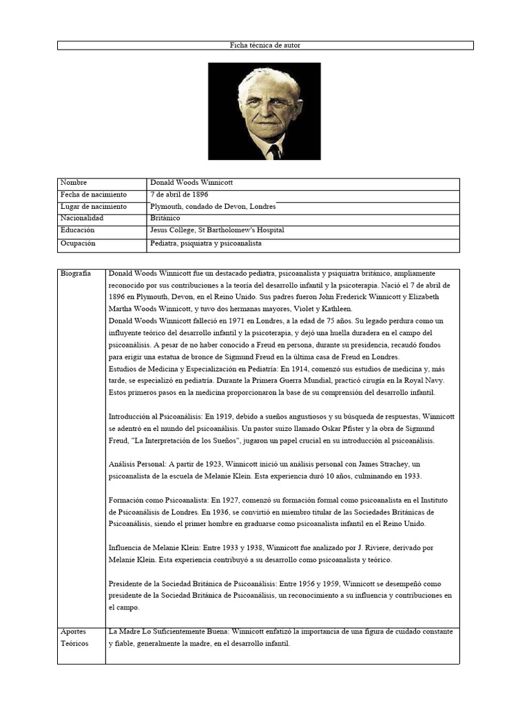 Donald Winnicott: Biografía y Aportes | PDF | Psicoanálisis | Psicoterapia