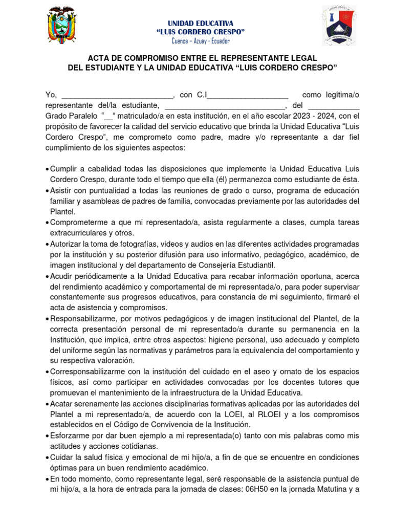 Acta de Compromiso Entre El Representante Legal 23 - 24 | PDF