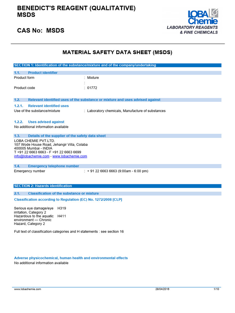Benedict's Reagent MSDS Overview | PDF | Dangerous Goods | Toxicity