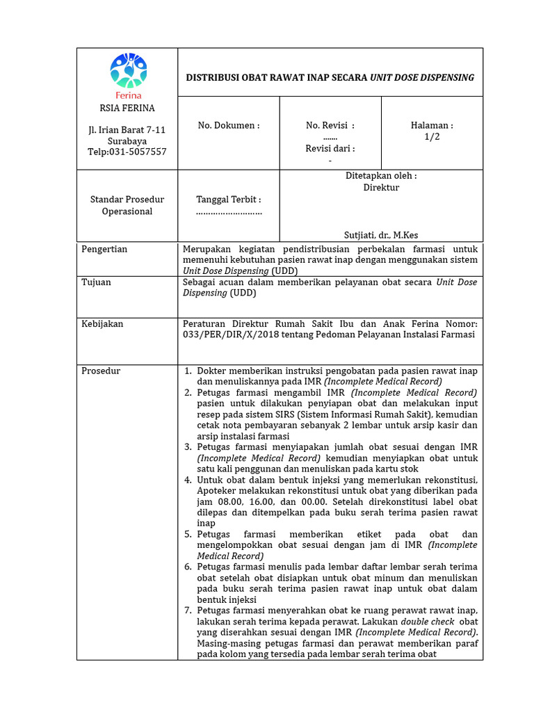 Spo Distribusi Obat Rawat Inap Secara Unit Dose Dispensing | PDF