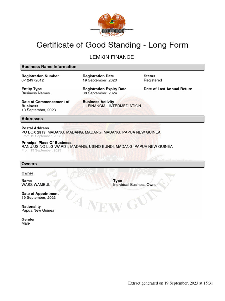 Long Form Certificate of Good Standing | PDF