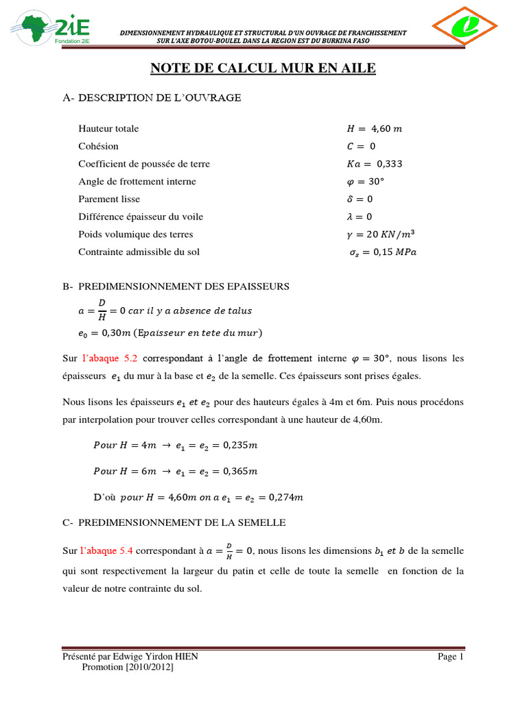 Note de Calcul Mur en Aile | PDF