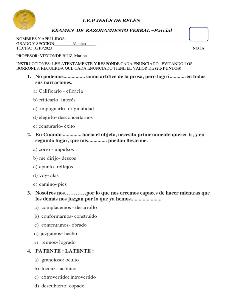 EXAMEN - Razonamiento Verbal 6° | PDF