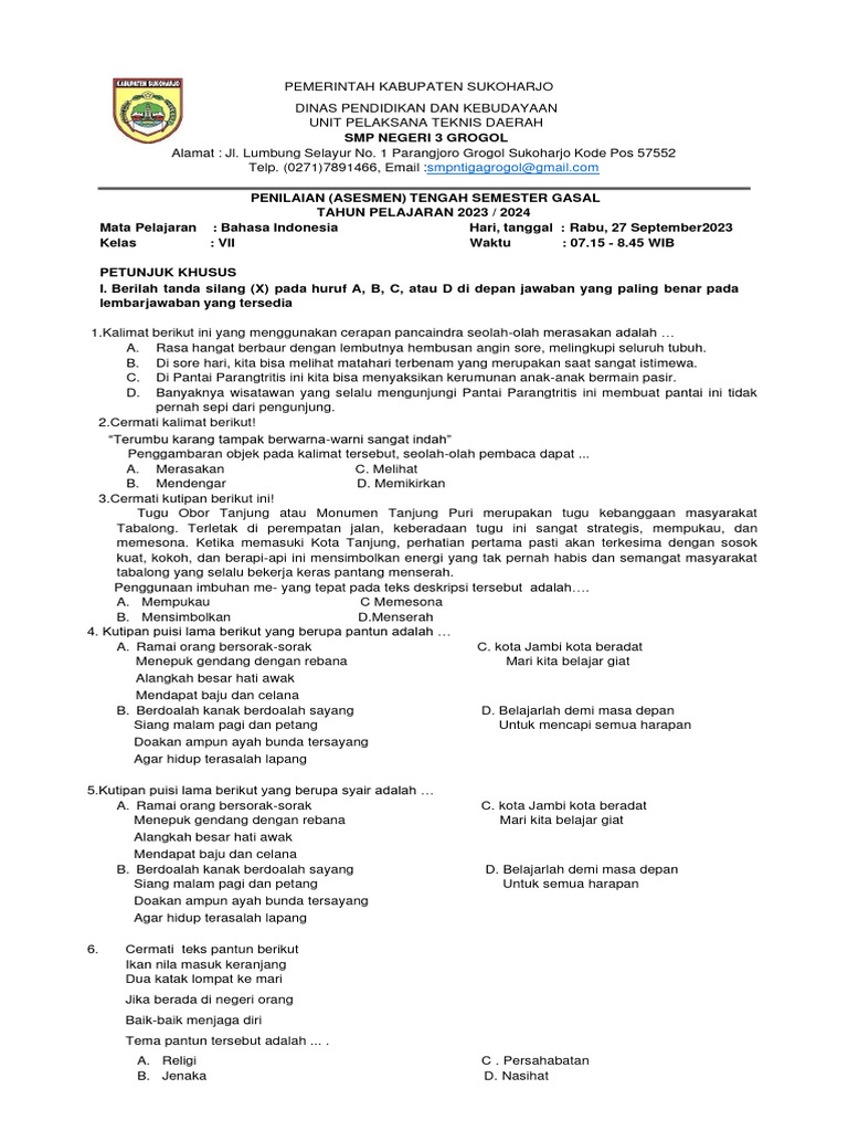 Soal PTS B. Indonesia Kelas 7 SMT 1 Tahun 2023 | PDF