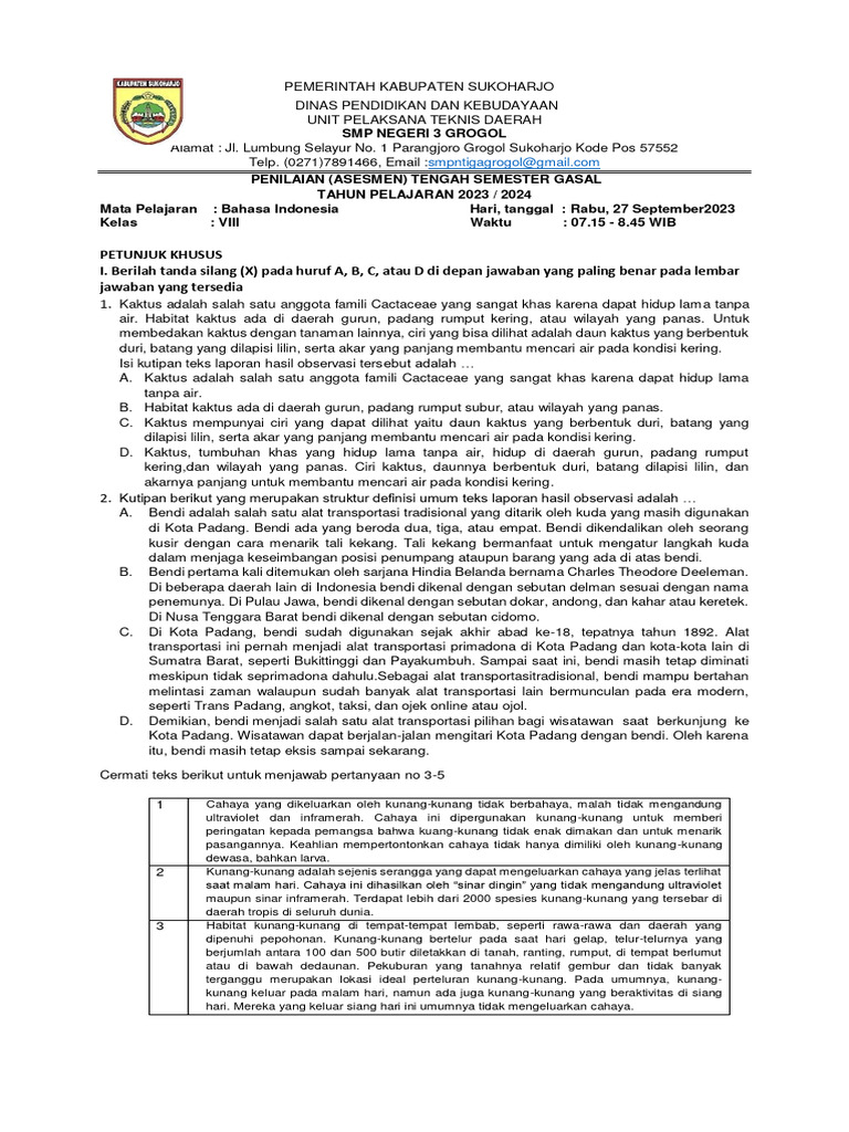 Soal PTS B. Indonesia Kelas 8 SMT 1 Tahun 2023 | PDF