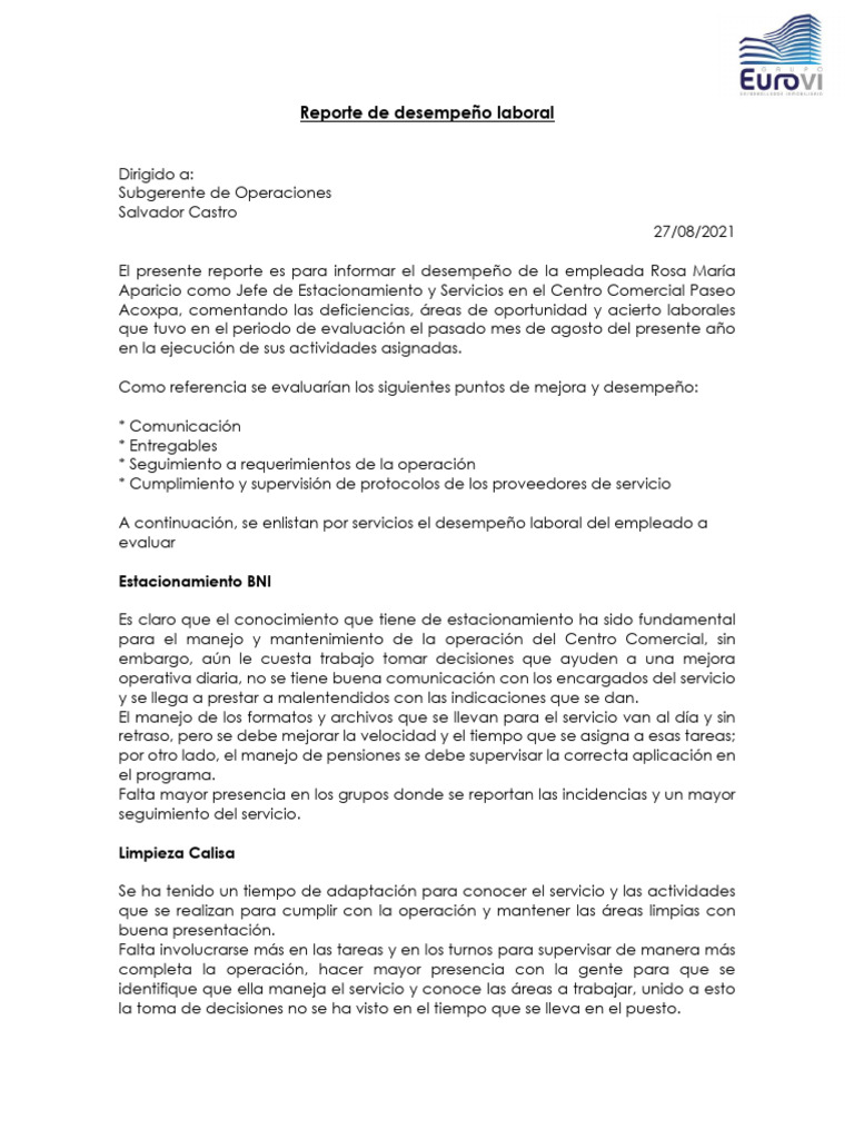 Reporte de Desempeño Laboral Agosto RM | PDF