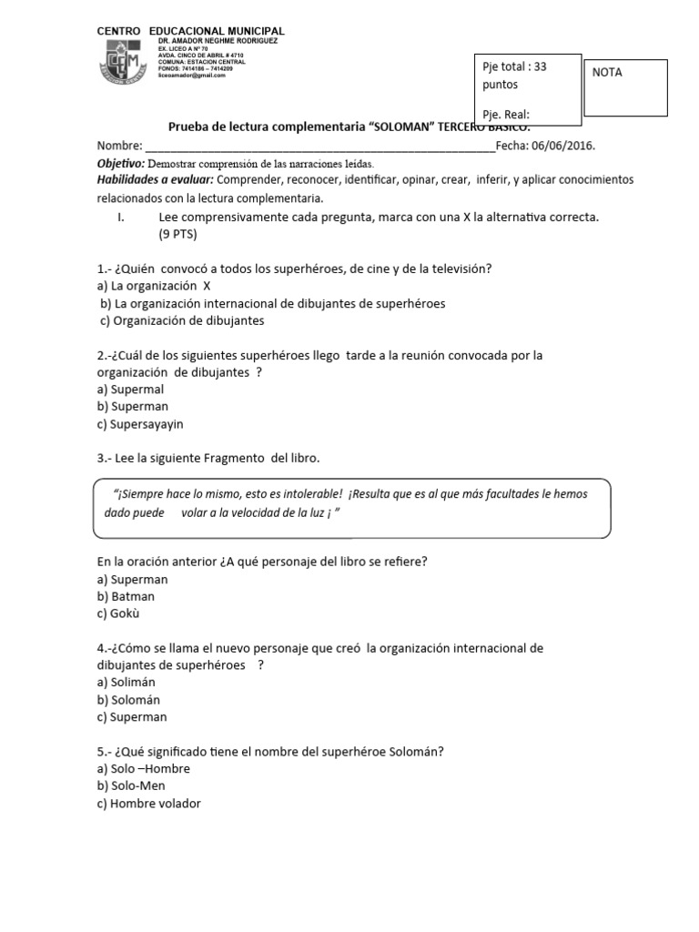 Prueba de Libro Soloman TERCERO Basico | PDF | Superhéroes