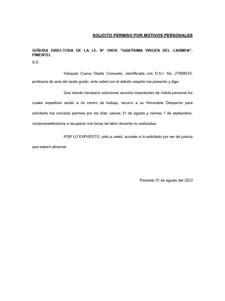Solicito Permiso Por Motivos Personales | PDF