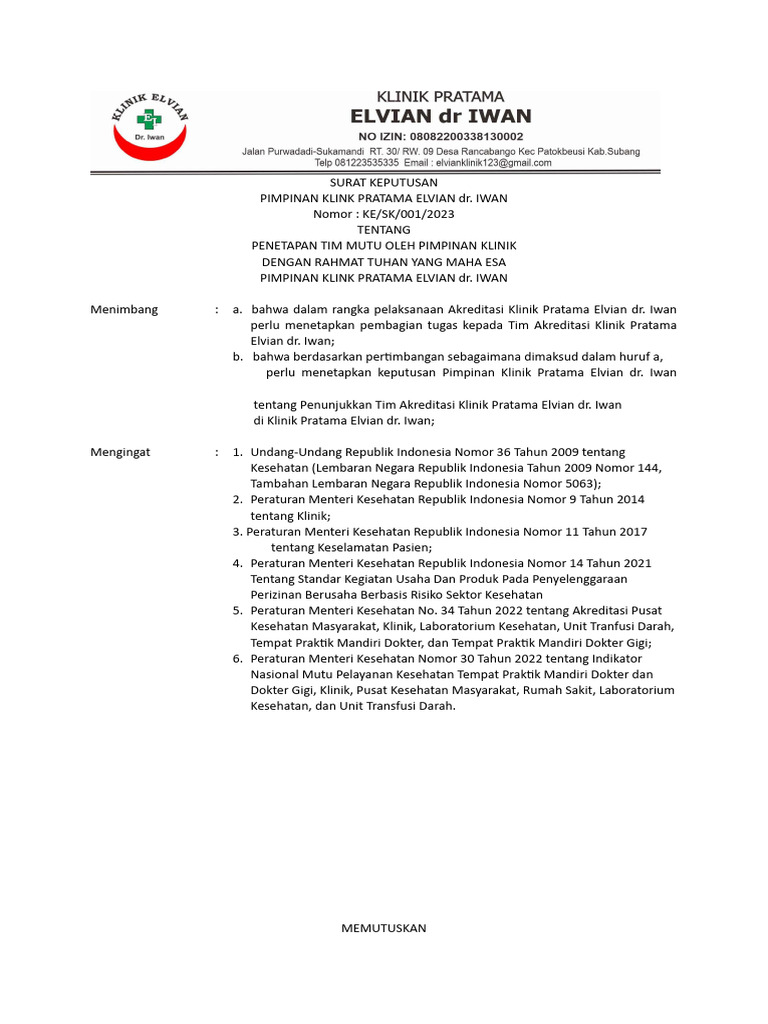 PMKP 1 Ep 1 SK Penetapan Tim Mutu | PDF