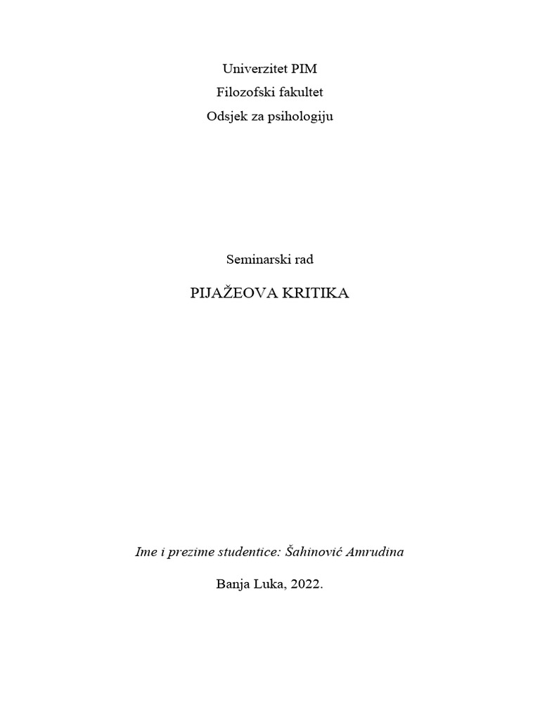 Pijažeova Kritika Seminarski Rad | PDF