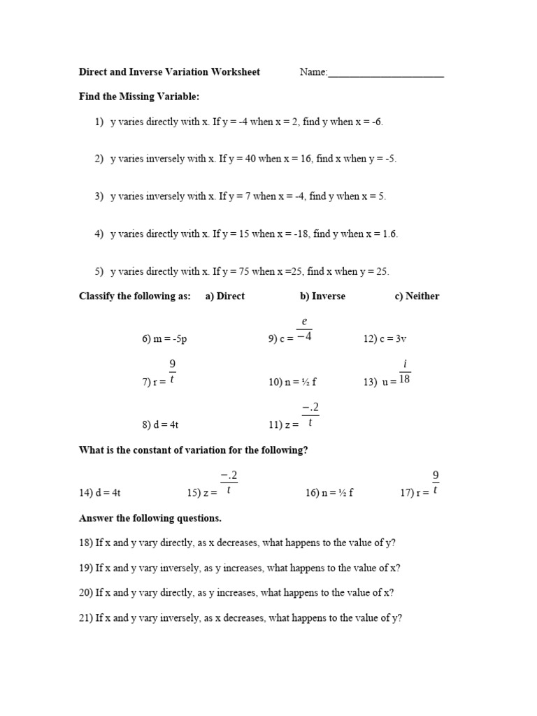Direct and Inverse Variation Worksheet | PDF | Teaching Methods & Materials