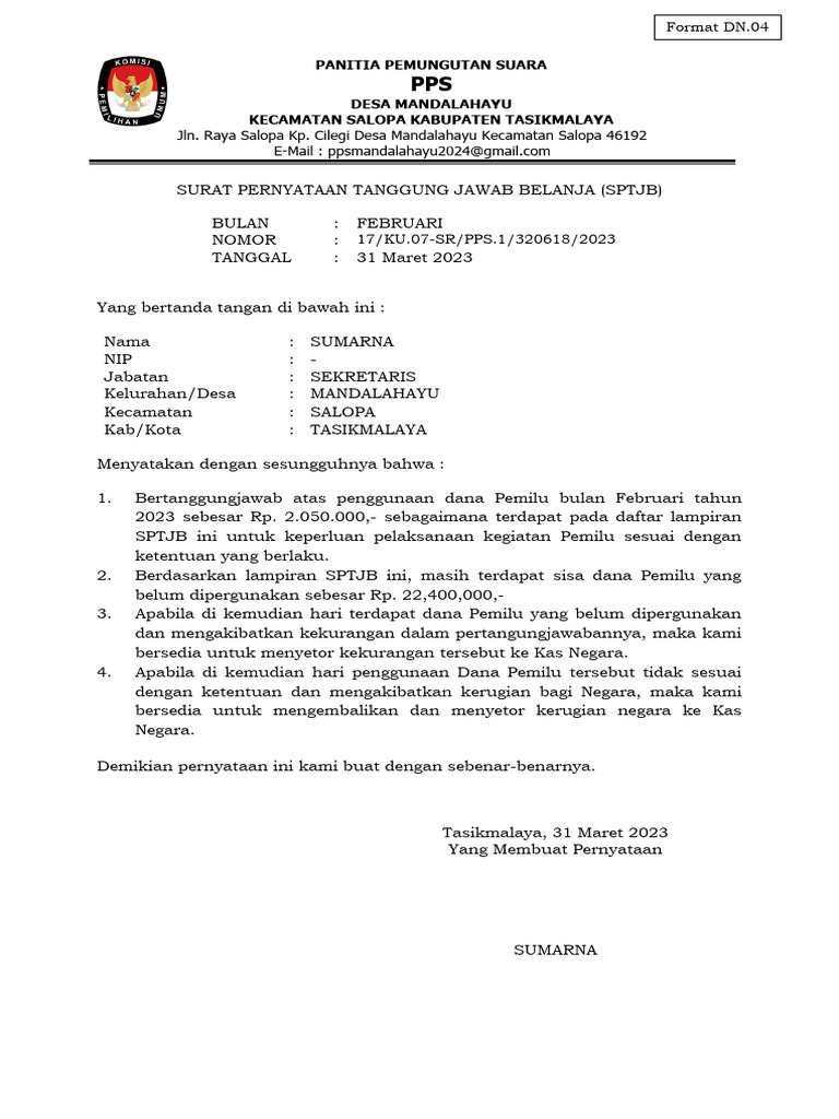 FORMAT DN.04 Surat Pertanggungjawaban Belanja | PDF