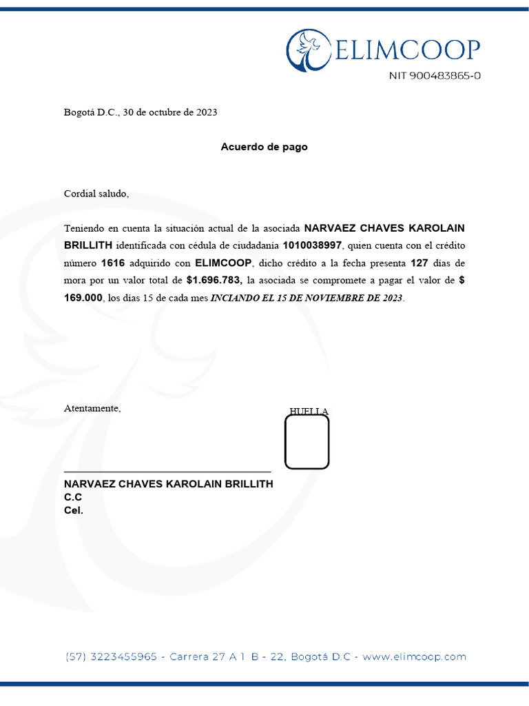 Acuerdo de Pago de Karolain Santa Cruz | PDF | Finanzas y dinero | Derecho