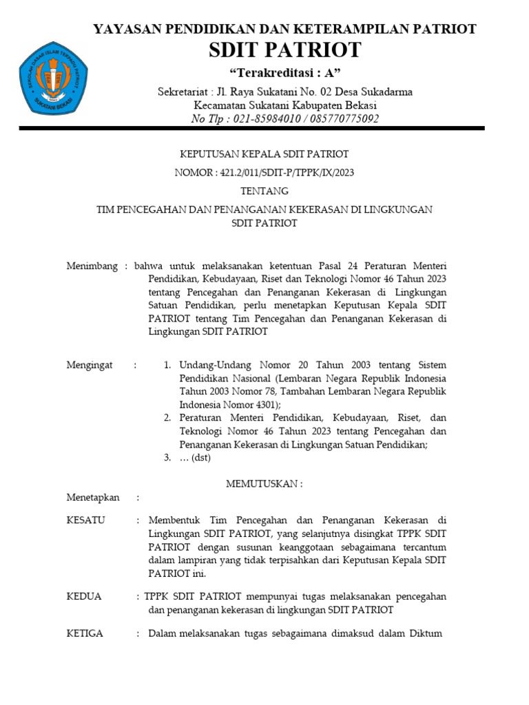 Contoh SK TPPK (Satuan Pendikan) | PDF