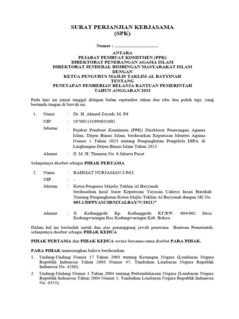 DRAFT SPK 2023 - Komisi 8 - MT. Al Bayyinah | PDF