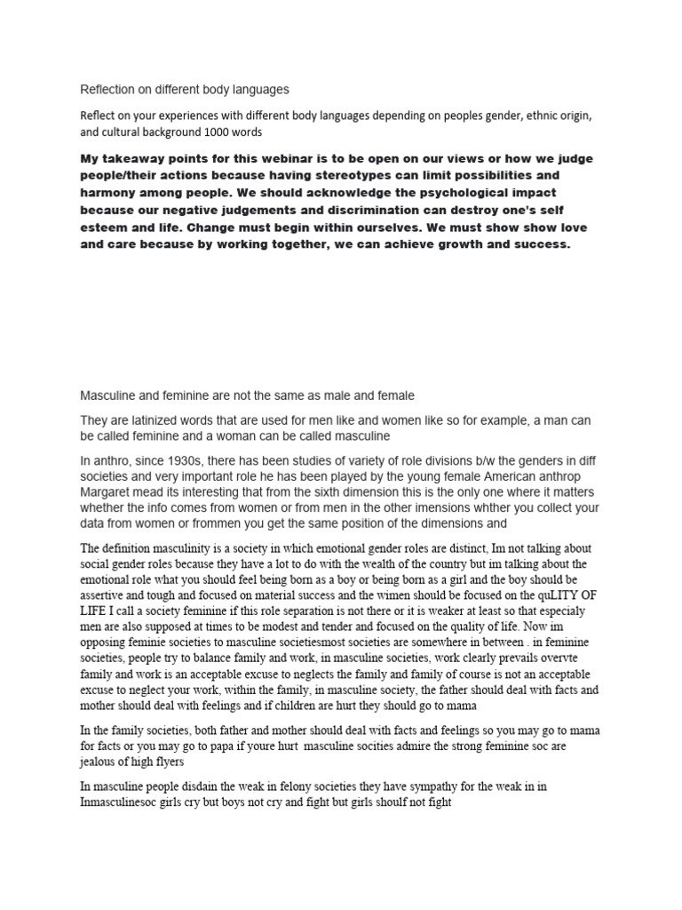 Reflection On Different Body Languages Pdf Femininity Gender