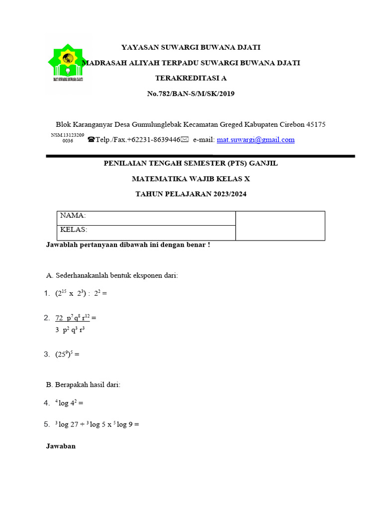 Soal PTS MTK X SMSTR 1 | PDF