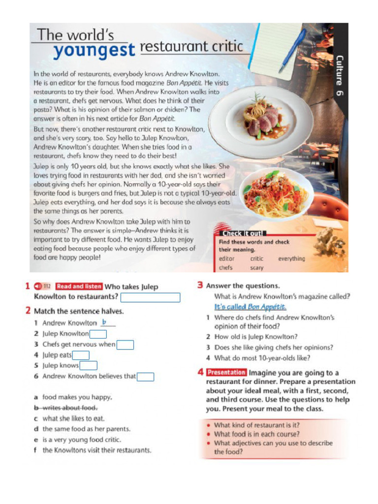 Food Critic Reading Activity | PDF
