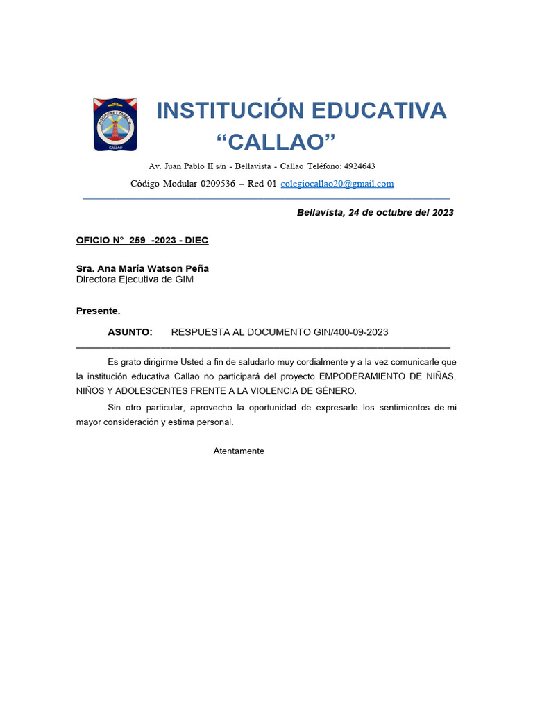 Institución Educativa "Callao": Código Modular 0209536 - Red 01 | PDF