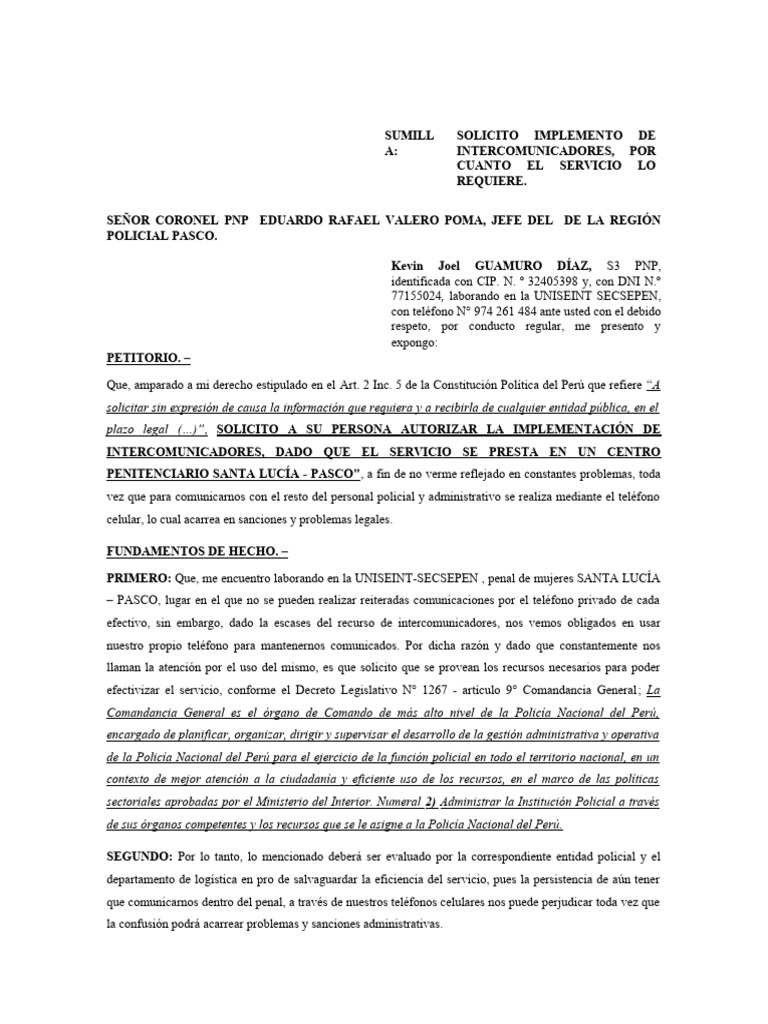 Solicitud de Implementación de Recursos - Kevin Joel Guamuro Díaz | PDF | Policía | Perú