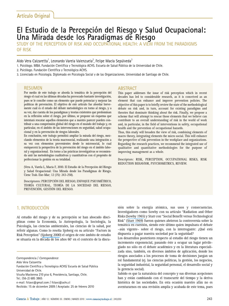 El Estudio de La Percepcion Del Riesgo y | PDF